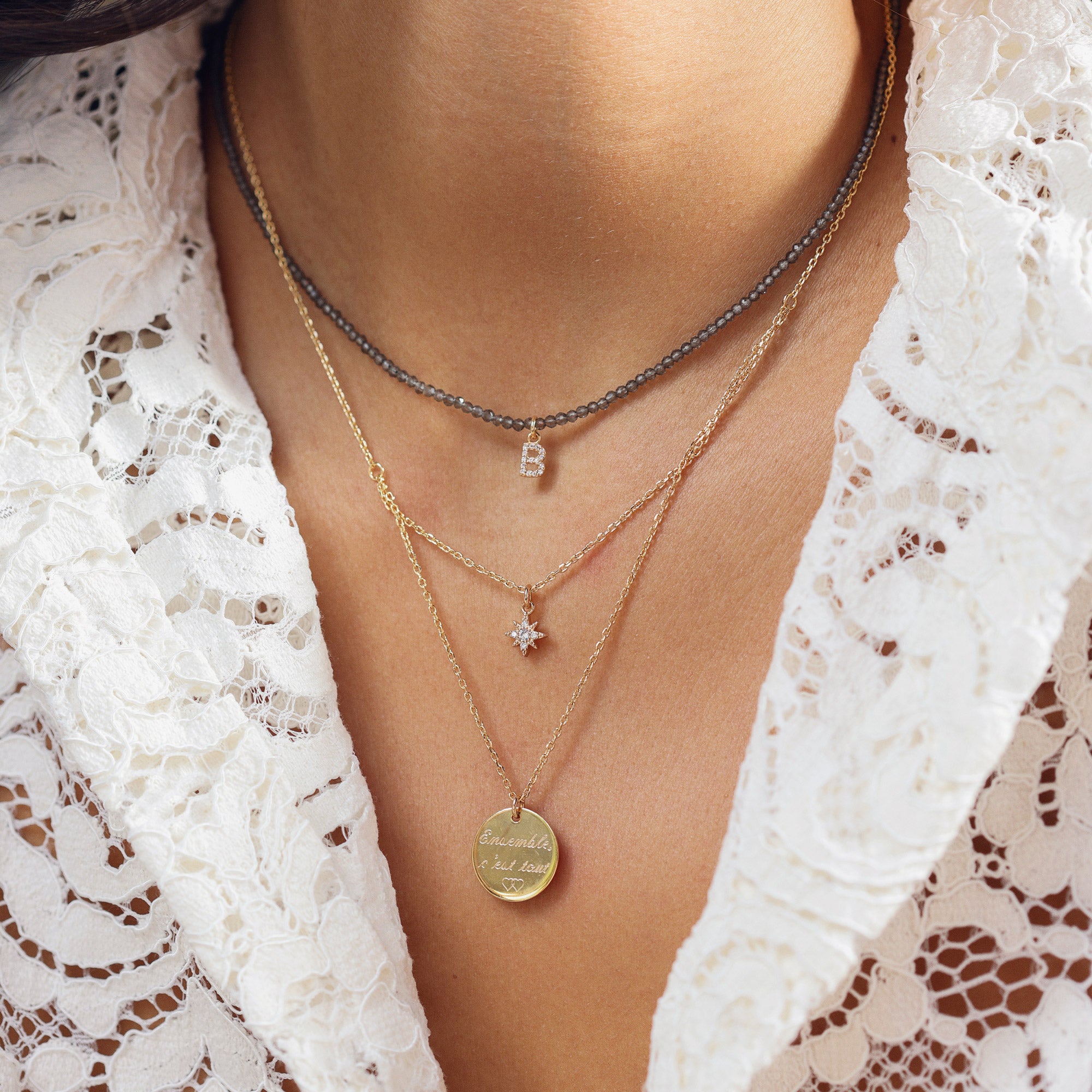 Collier double doré personnalisable pour gravure étoile zircons Célest ...